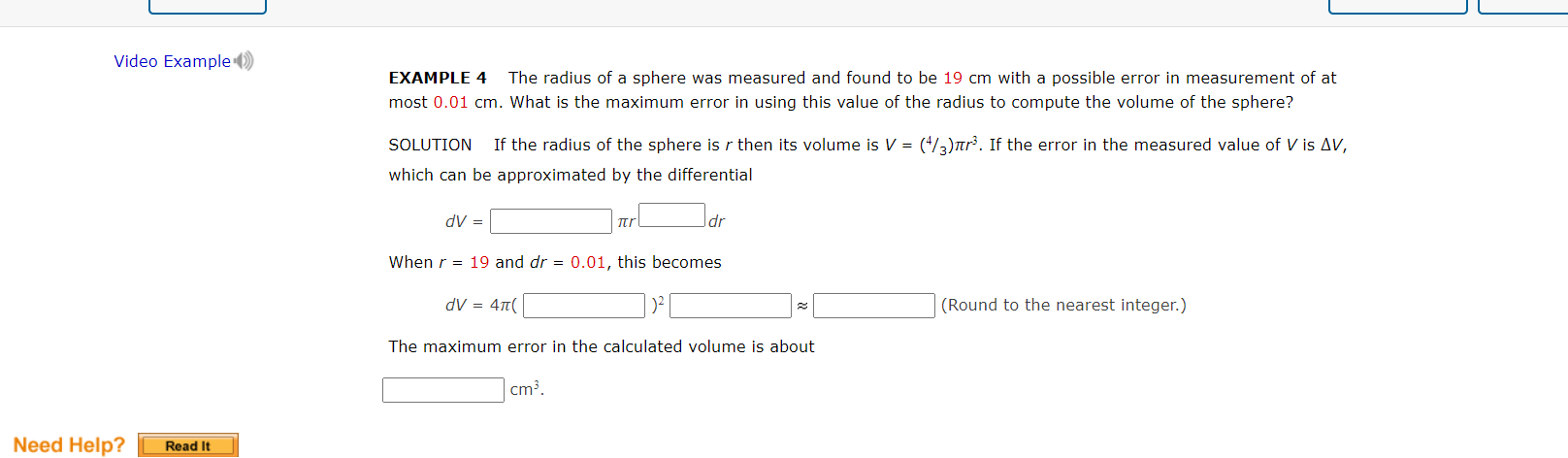 Solved EXAMPLE 4 ﻿The radius of a sphere was measured and | Chegg.com