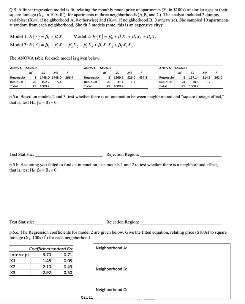 Solved Q.5. A linear regression model is fit, relating the | Chegg.com