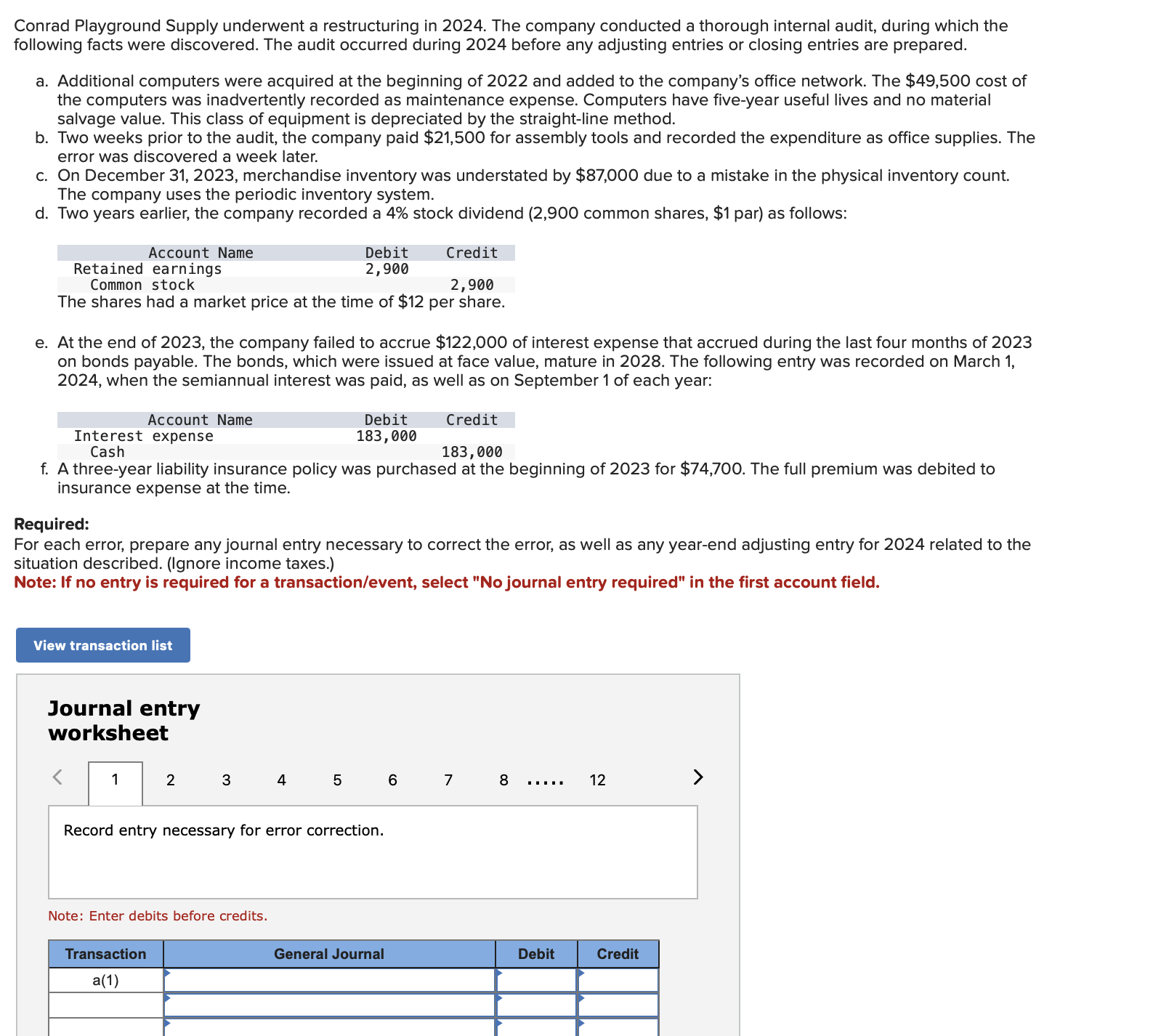 Solved 1 Record entry necessary for error correction. 2 | Chegg.com
