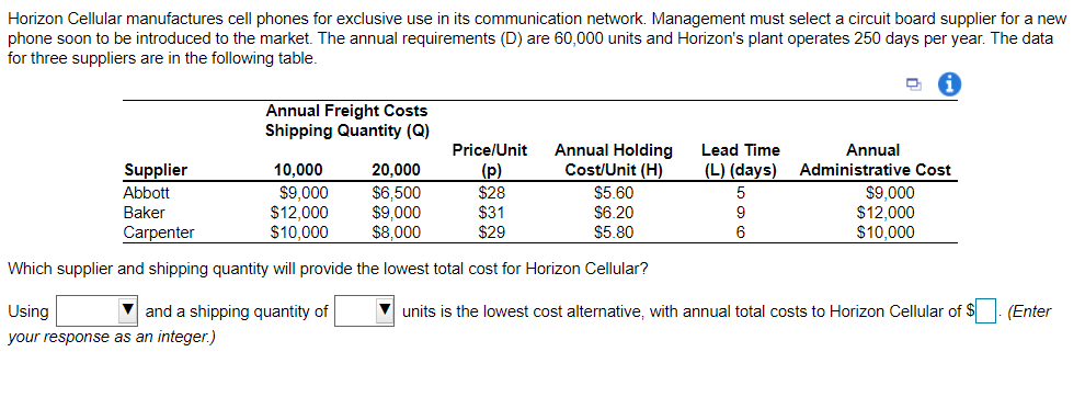 Solved Horizon Cellular manufactures cell phones for | Chegg.com
