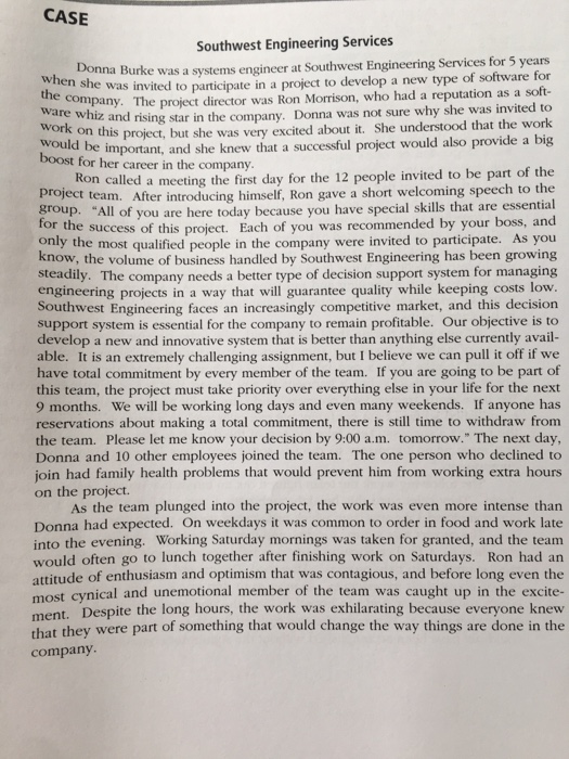 Solved CASE Southwest Engineering Services as a systems | Chegg.com