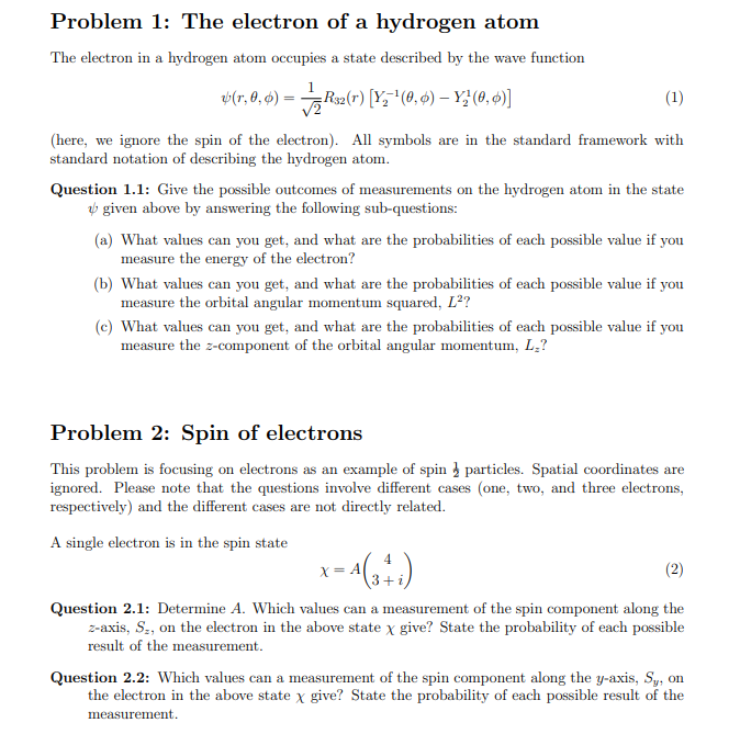 Solved Problem 1 The Electron Of A Hydrogen Atom The