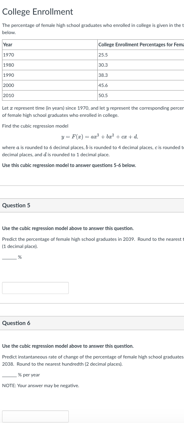 Solved College EnrollmentThe percentage of female high | Chegg.com