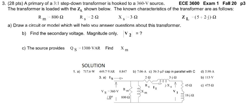 Solved 3. (28 pts) A primary of a 3:1 step-down transformer | Chegg.com