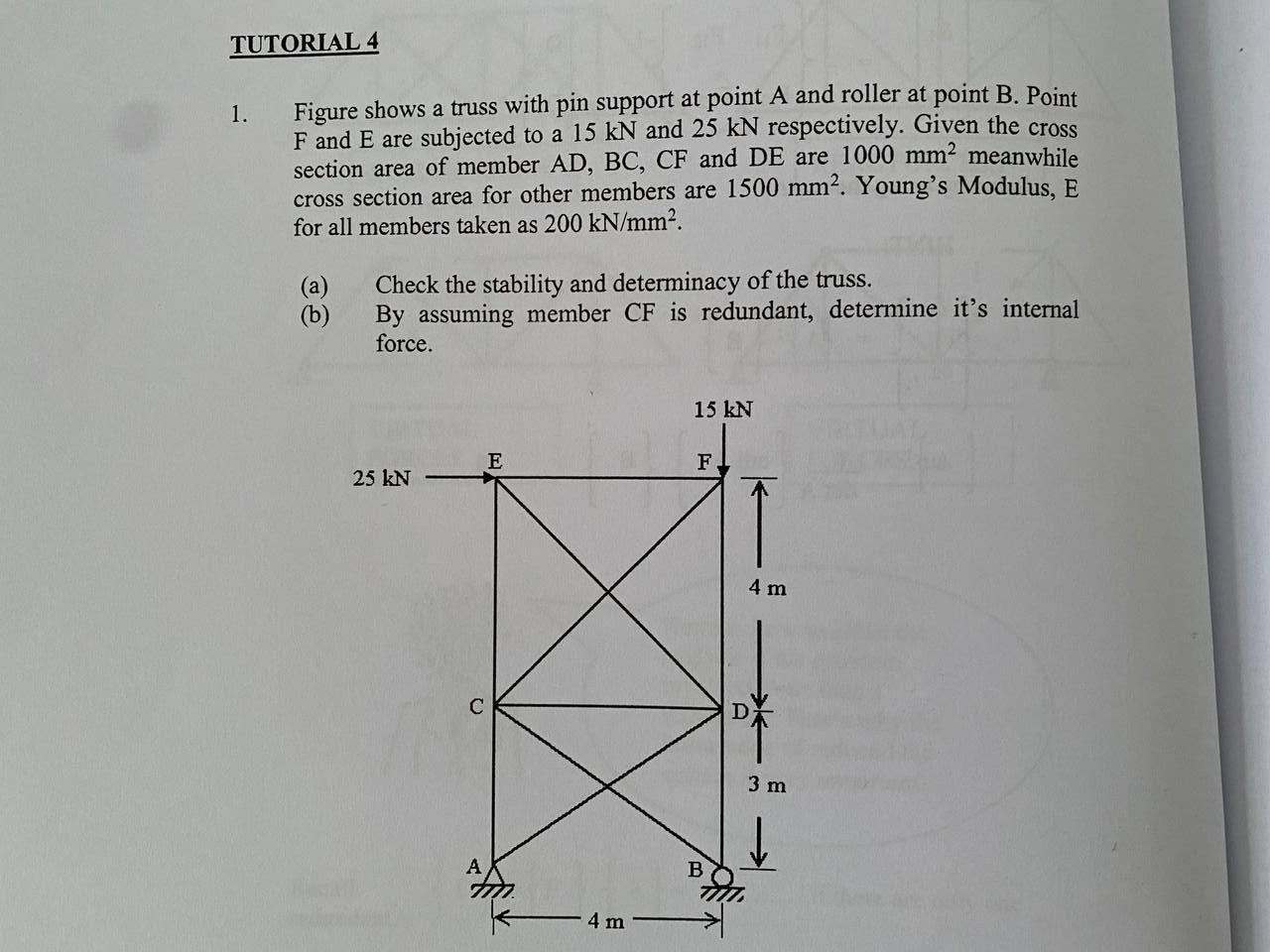 Solved TUTORIAL 4 1. Figure shows a truss with pin support | Chegg.com