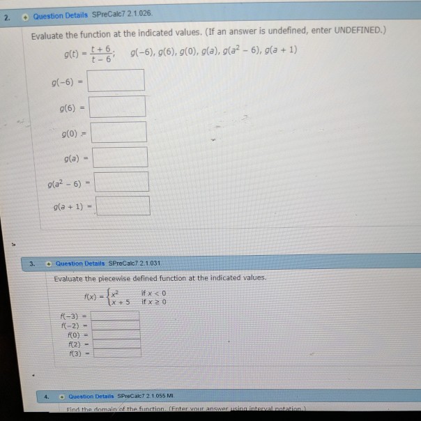 Solved 2. Question Details SPreCalc7 2.1.026 Evaluate the | Chegg.com