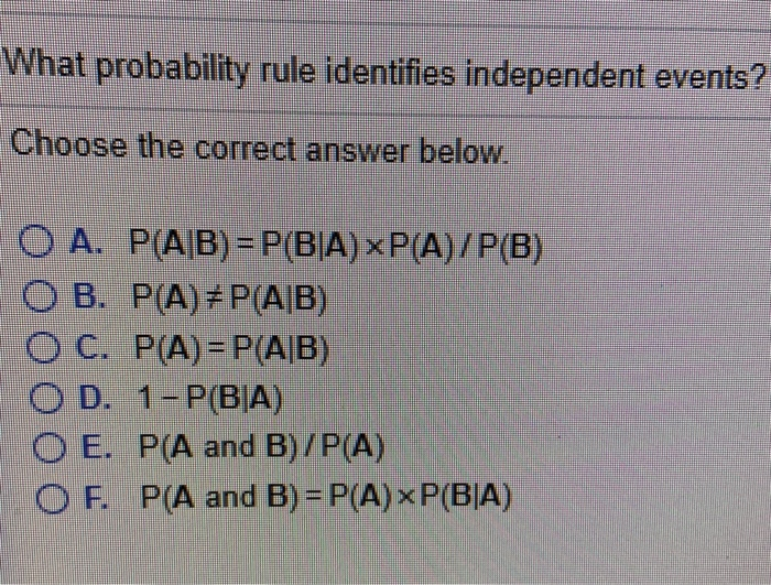 Solved What probability rule identifies independent events? | Chegg.com