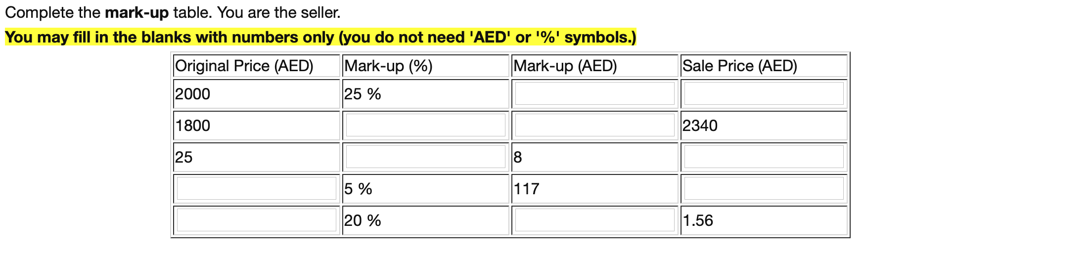 Solved Complete the mark-up table. You are the seller. You | Chegg.com