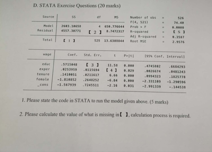 Solved D. STATA Exercise Questions (20 marks) Source SS df | Chegg.com