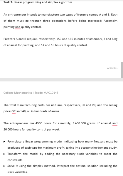 Solved Task 3. Linear programming and simplex algorithm.An | Chegg.com Solved Task 3. Linear programming and simplex algorithm.An | Chegg.com