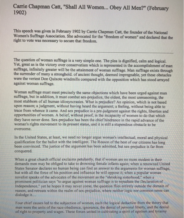 Carrie Chapman Catt, "Shall All Women...Obey All | Chegg.com