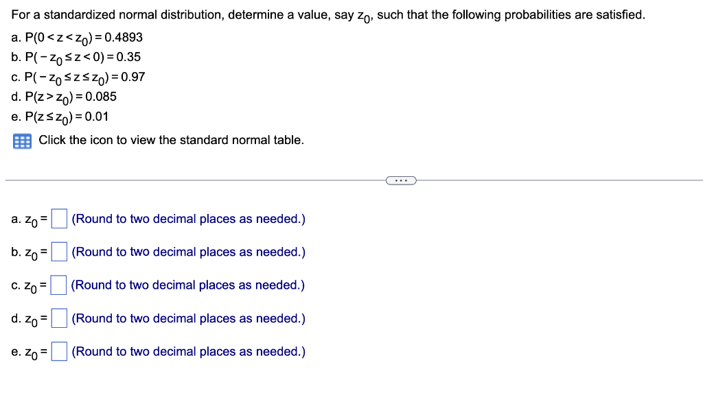 Solved For a standardized normal distribution, determine a | Chegg.com