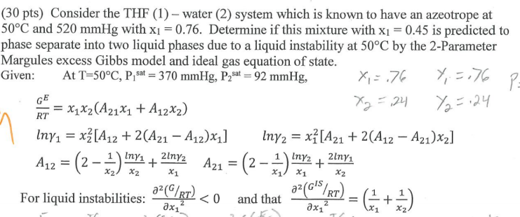Solved (30 pts) Consider the THF (1) - water (2) system | Chegg.com