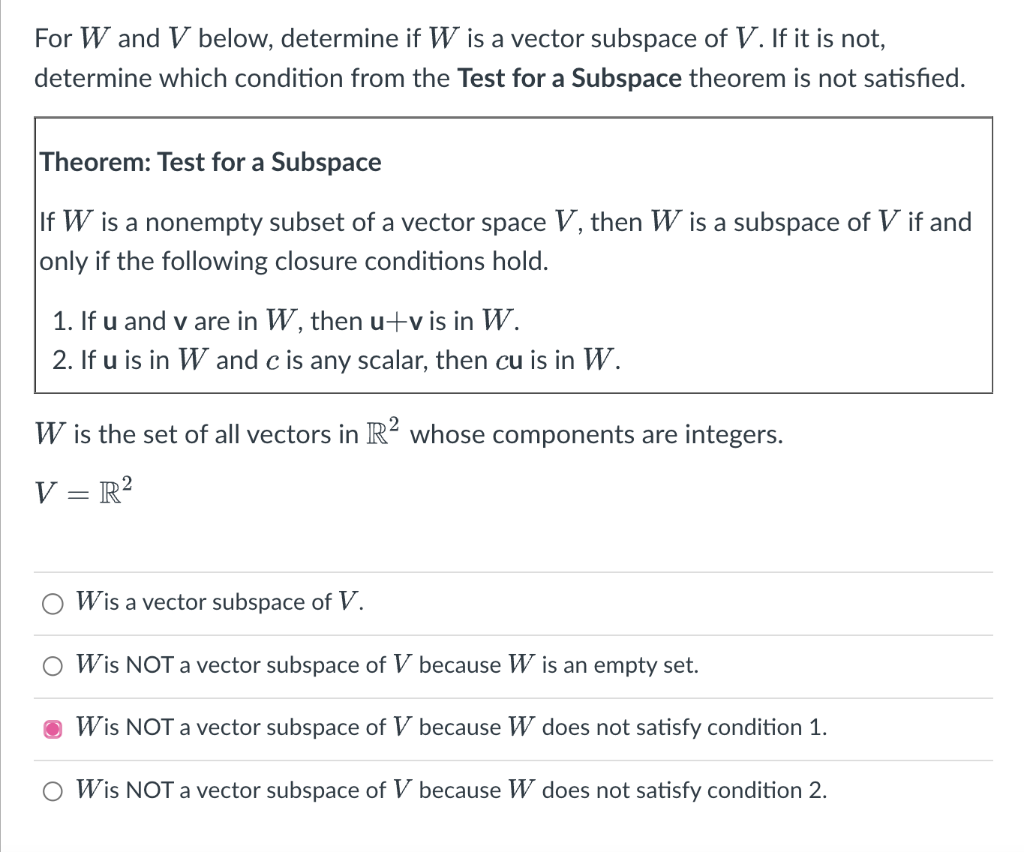 Solved For W and V below, determine if W is a vector | Chegg.com