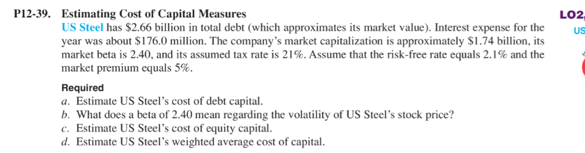 Solved LO2 US P12-39. Estimating Cost of Capital Measures US | Chegg.com