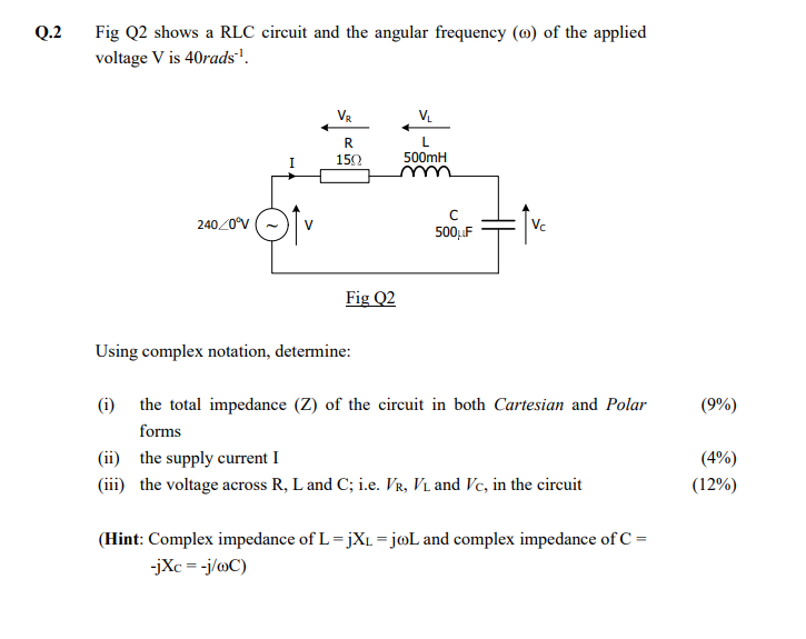 Solved Q.2 Fig Q2 shows a RLC circuit and the angular | Chegg.com