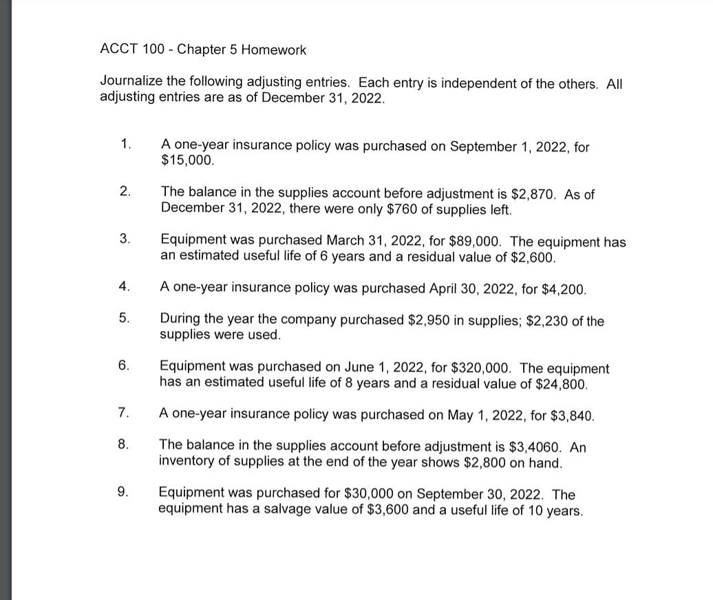 Solved ACCT 100 - Chapter 5 Homework Journalize the | Chegg.com