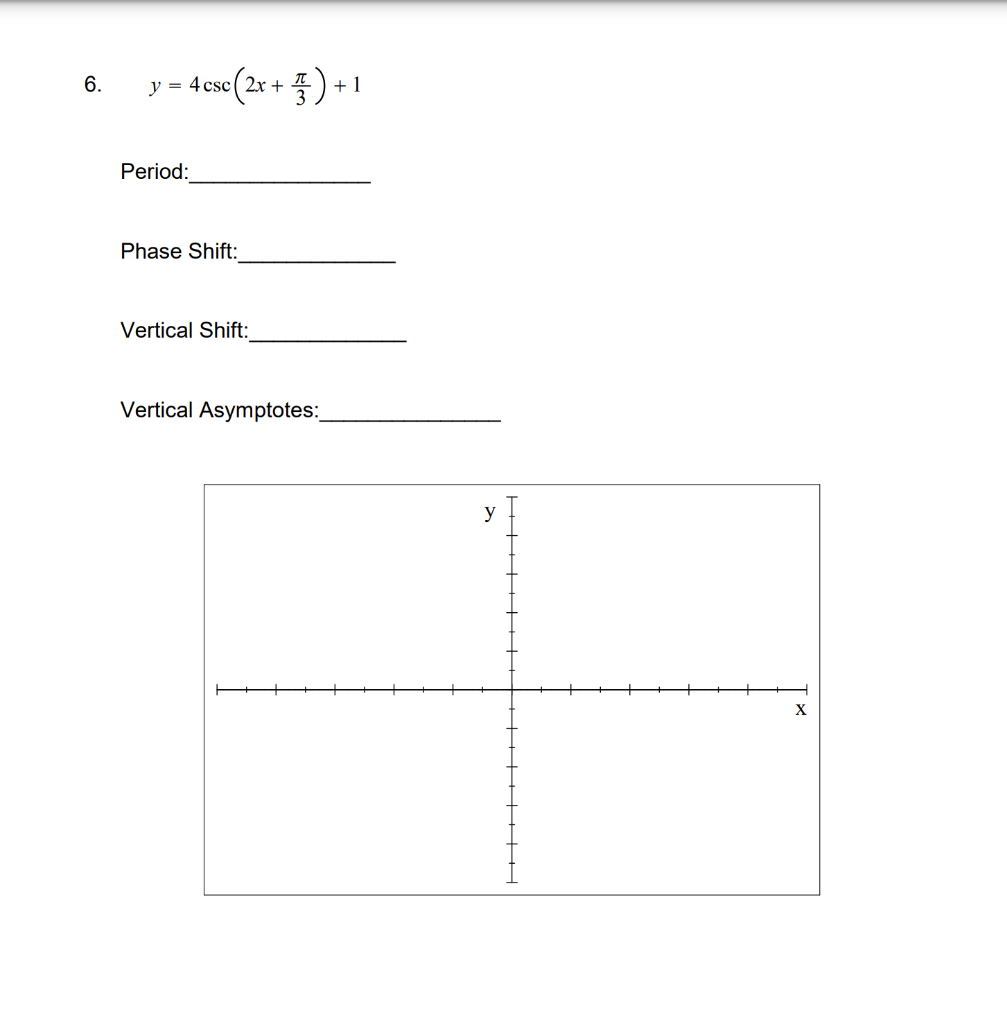 Solved 6. y - 4 csc (2x + 5) +1 Period: Phase Shift: | Chegg.com