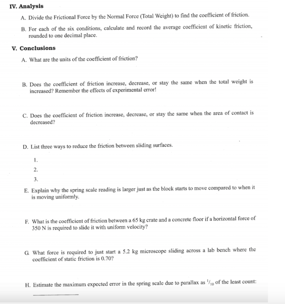 Solved Friction Instructor Name Lab Partner Date I. Purpose | Chegg.com