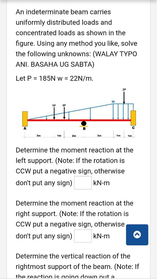 Solved An indeterminate beam carries uniformly distributed | Chegg.com