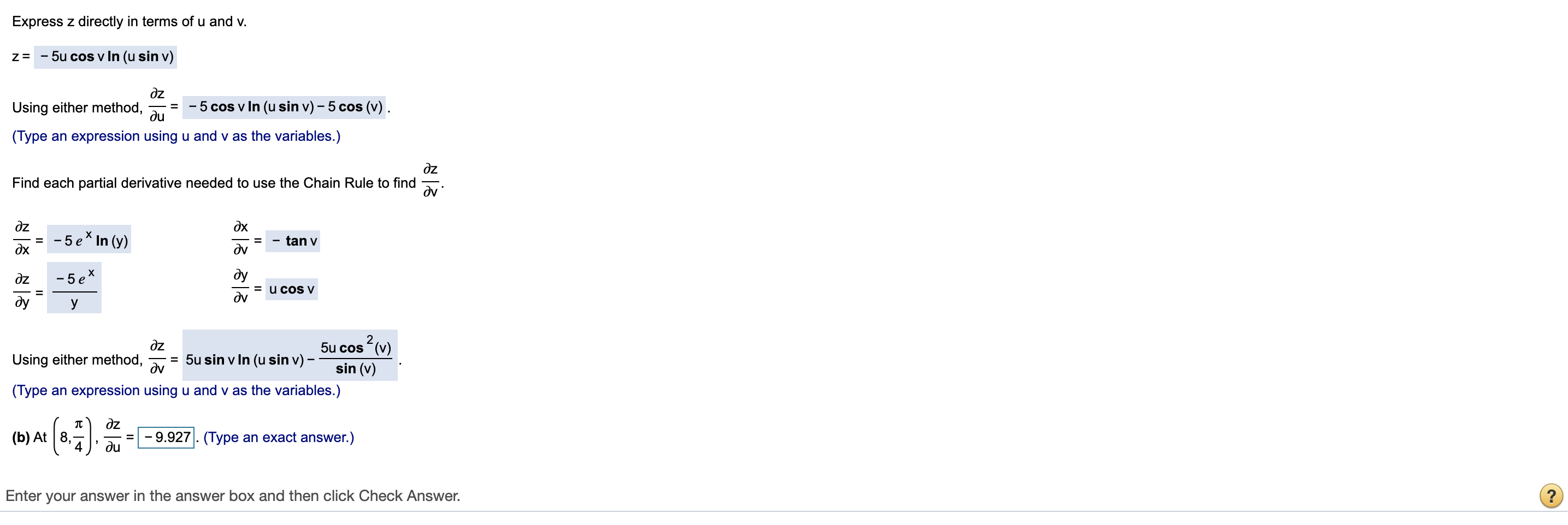 Solved Consider the functions z= -5e* Iny, x = In (u cos v), | Chegg.com