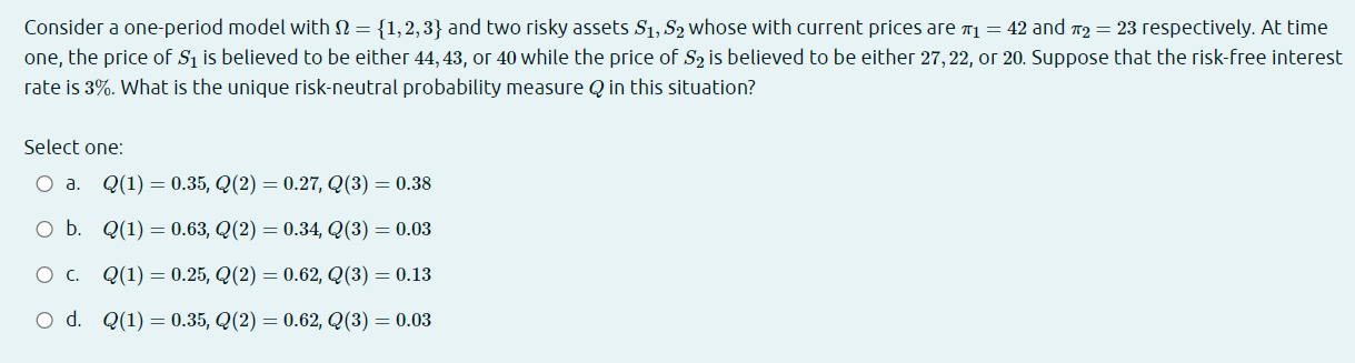 Solved Consider a one-period model with Ω={1,2,3}Ω={1,2,3} | Chegg.com