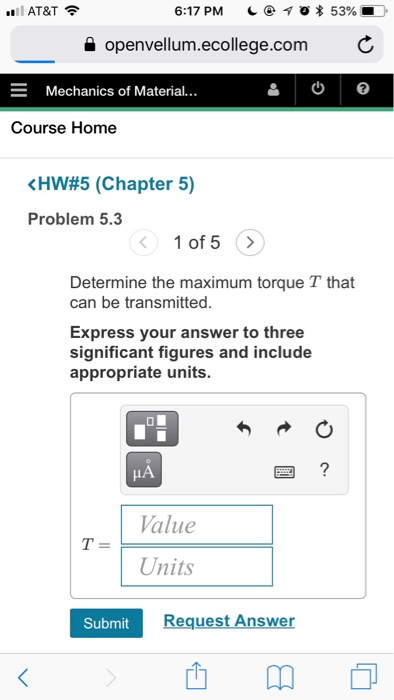 Solved l AT&T令 a openvellum.ecollege.com C Mechanics of | Chegg.com