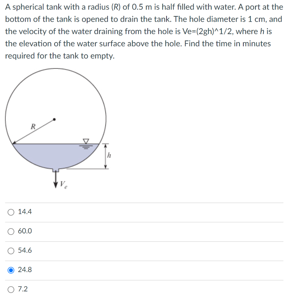 Solved A spherical tank with a radius (R) of 0.5 m is half | Chegg.com