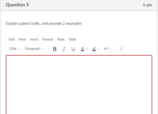 Solved Question 5 5 pts Explain patent trolls, and provide 2 | Chegg.com