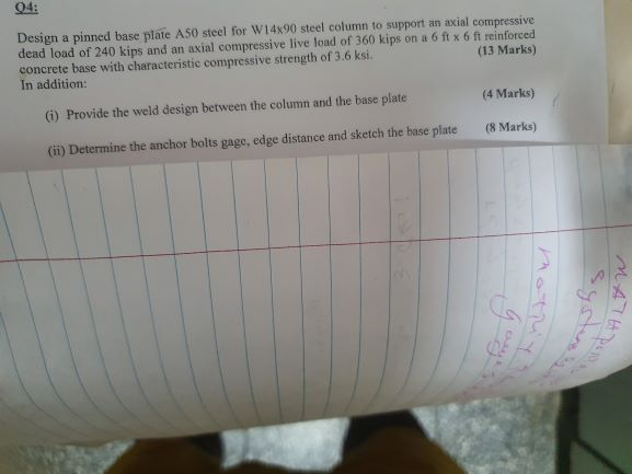 Design a pinned base plate ASO steel for W14x90 steel | Chegg.com