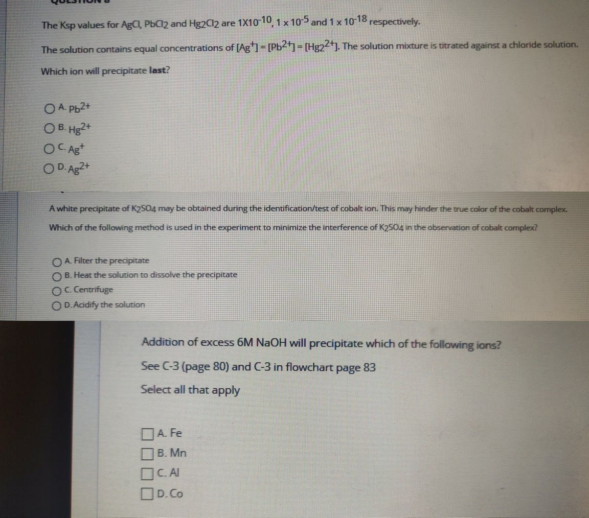 Solved The Ksp values for AgCl, PbCl2 and Hg2Cl2 are | Chegg.com