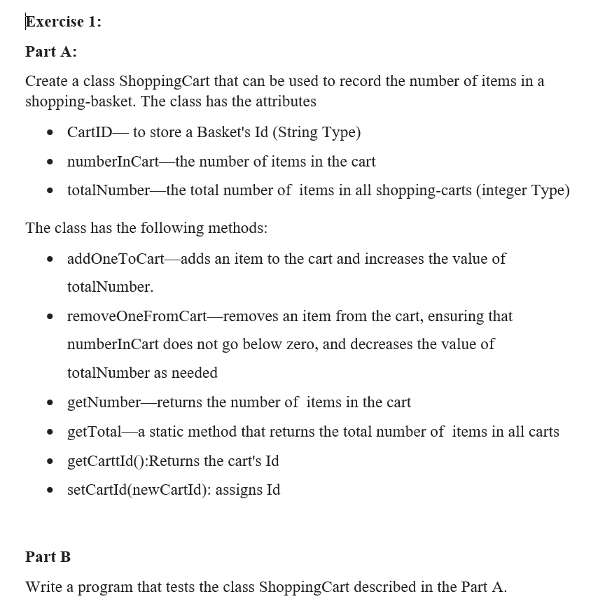 Solved Exercise 1: Part A: Create a class Shopping Cart that | Chegg.com