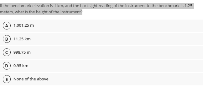 Solved If the benchmark elevation is 1 km, and the backsight | Chegg.com