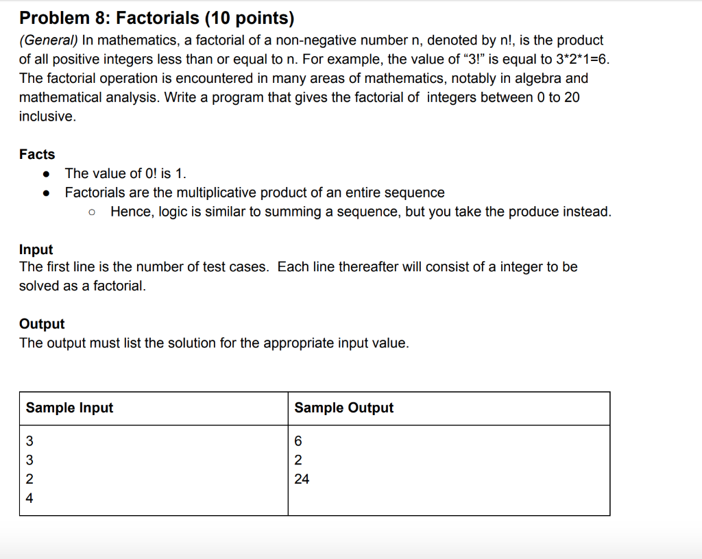 Solved Problem 8: Factorials (10 points) (General) In | Chegg.com