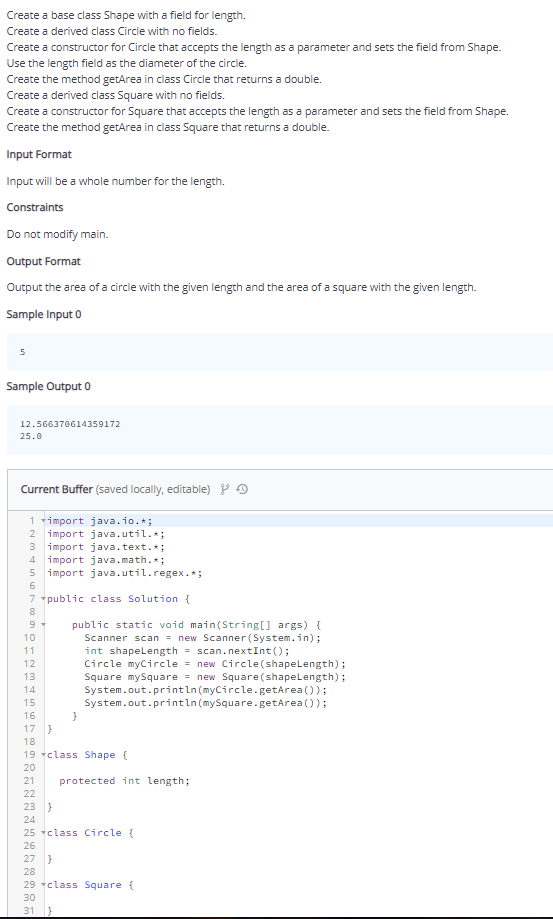 Solved (Java please) Create a base class Shape with a field | Chegg.com