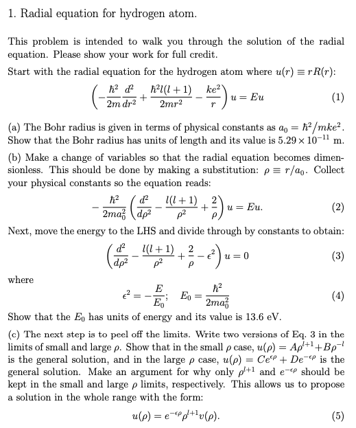 Solved 1. Radial equation for hydrogen atom. This problem is | Chegg.com