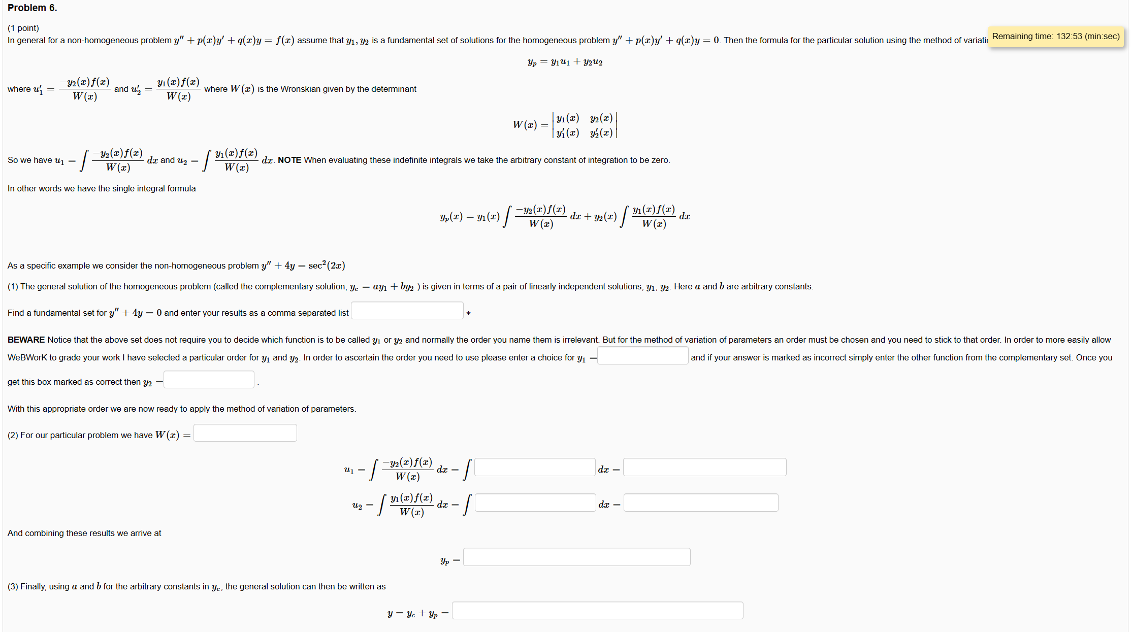 Solved yp=y1u1+y2u2 where u1′=W(x)−y2(x)f(x) and | Chegg.com