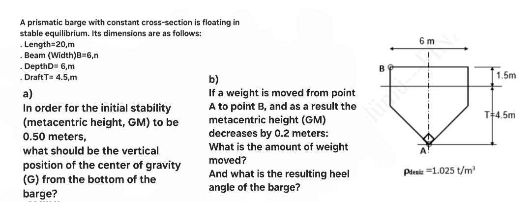 Solved A prismatic barge with constant cross-section is | Chegg.com