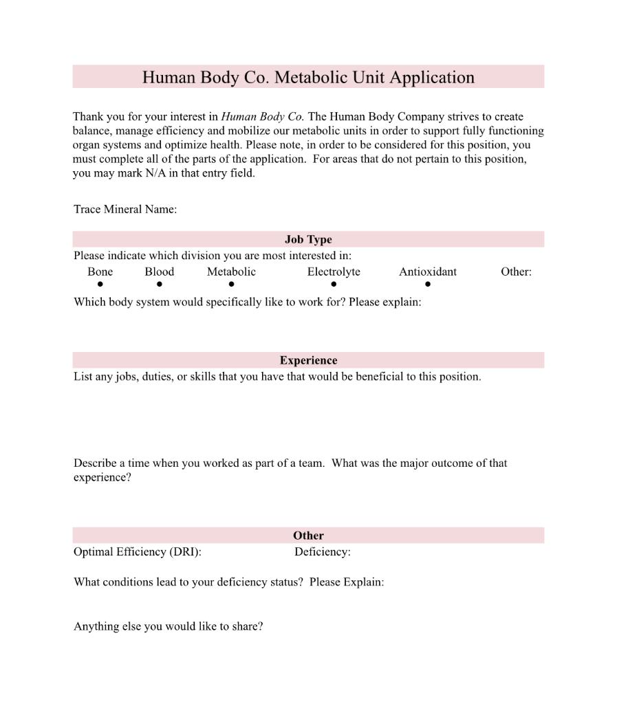 Solved Human Body Co. Metabolic Unit Application Thank you | Chegg.com