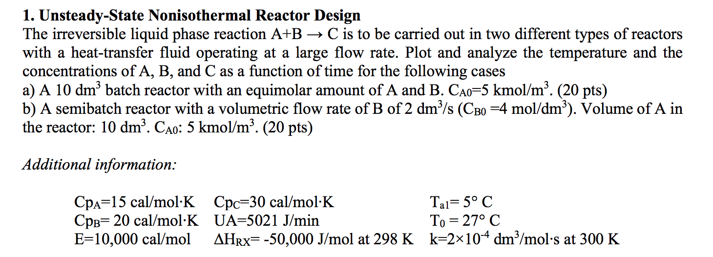 1. Unsteady-State Nonisothermal Reactor Design The | Chegg.com