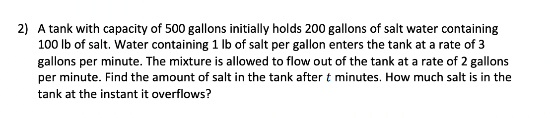 Solved A tank with capacity of 500 gallons initially holds | Chegg.com