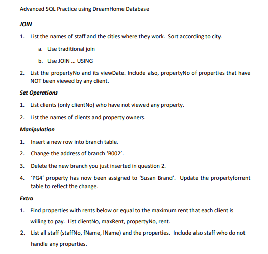 Solved Advanced Sql Practice Using Dreamhome Database Join