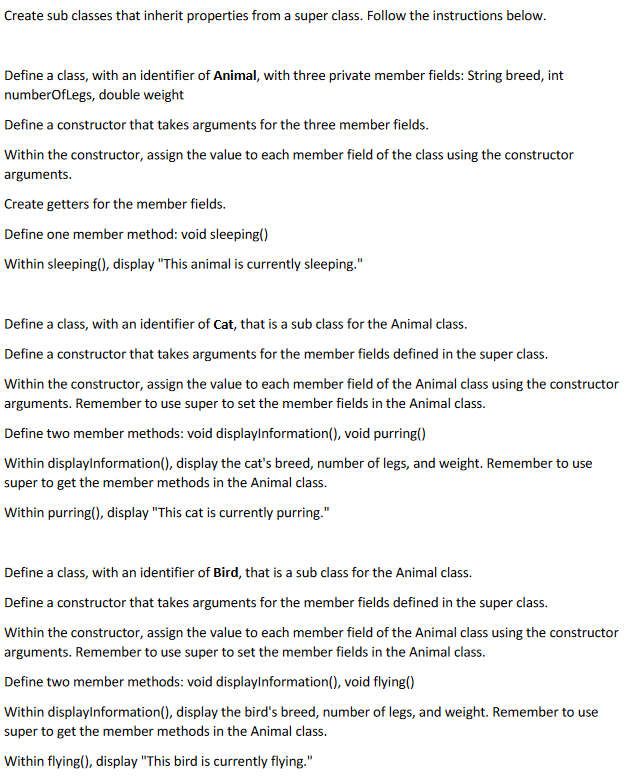 Solved Create sub classes that inherit properties from a | Chegg.com