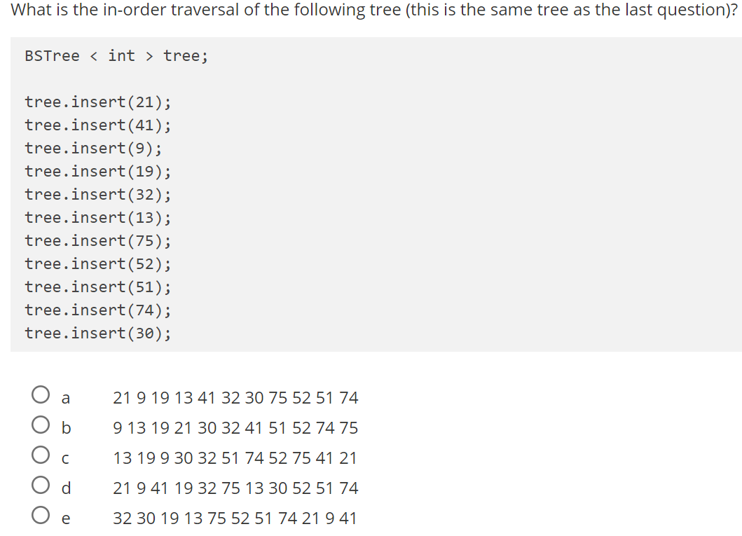 Solved What is the in-order traversal of the following tree | Chegg.com