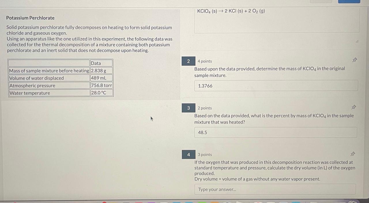 Solved KClO4( s)→2KCl(s)+2O2( g) Potassium Perchlorate Solid | Chegg.com