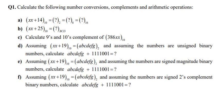Solved Q1. Calculate the following number conversions, | Chegg.com