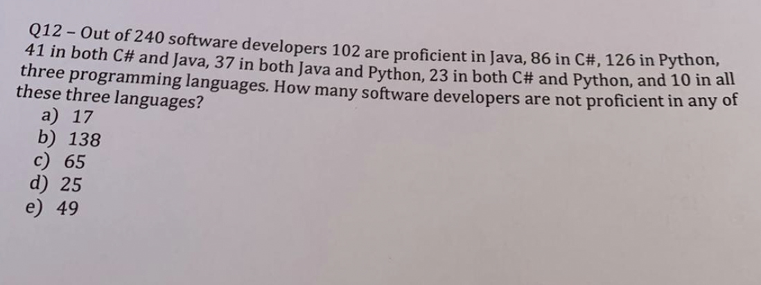 Solved Q12 - Out of 240 software developers 102 are | Chegg.com