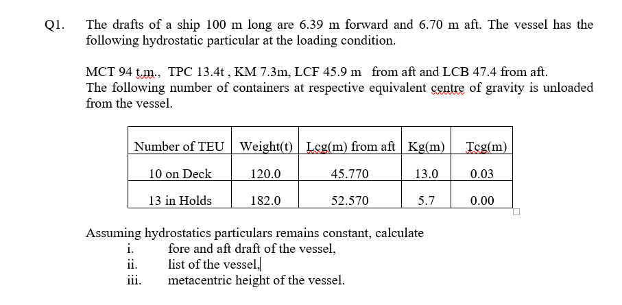 Solved The drafts of a ship 100 m long are 6.39 m forward | Chegg.com
