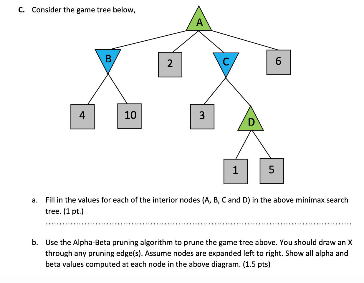 Solved C. Consider the game tree below, A B 2 C 6 4 10 3 D 1 | Chegg.com