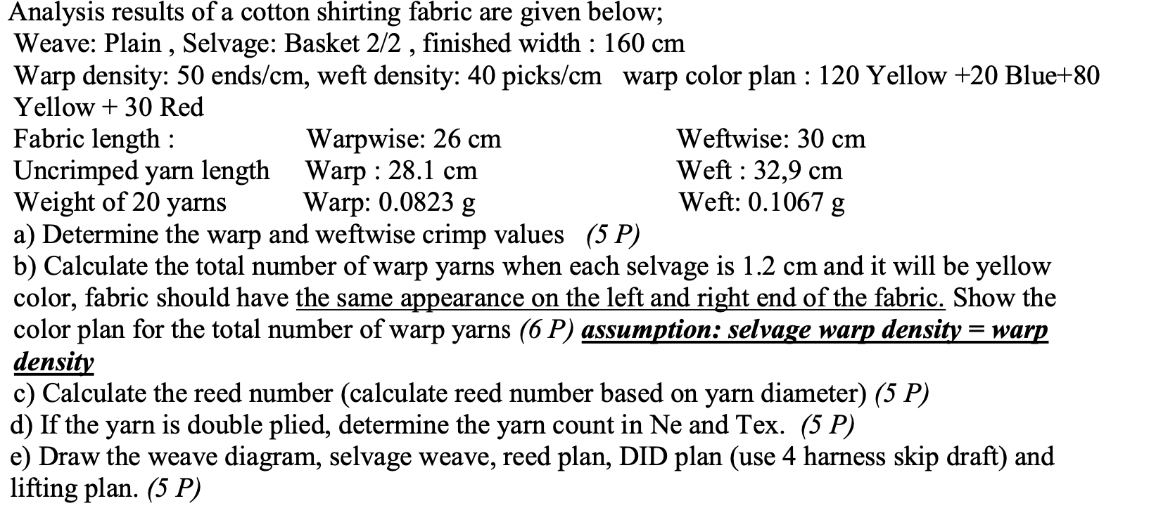 Solved Analysis results of a cotton shirting fabric are | Chegg.com